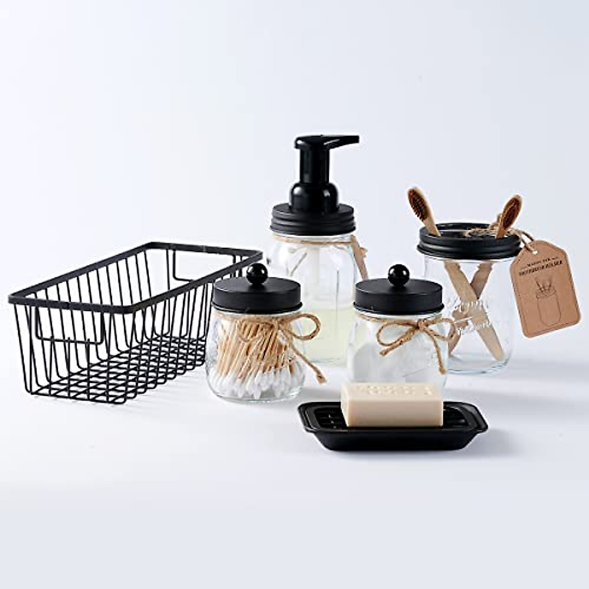 Mason Jar Bathroom Accessories Set(6PCS) - Foaming Soap Dispenser,Toothbrush Holder,Qtip Holder,Apothecary Jars, Soap Dish,Metal Wire Storage Organizer - Rustic Farmhouse Decor (Black)