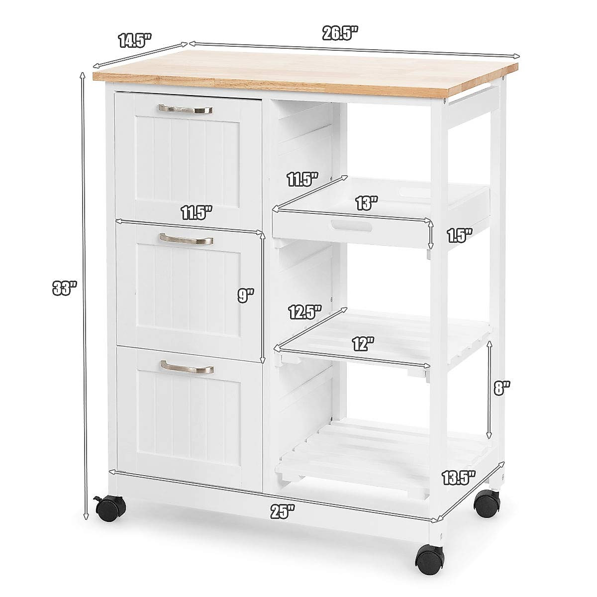 Giantex Kitchen Island Cart, Home Bar Serving Cart, Kitchen Trolley with 3 Large Drawers, Storage Shelf and 3 Tier Shelves, Rolling Storage Cabinet, Mobile Cart (White)