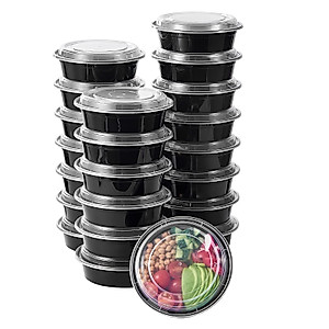 FULING 24 oz 50 ct Round Meal Prep Food Storage Containers with Lids To Go Plastic Lunch Plan Box Disposable Take Out Bowls Black BPA Free Reusable Durable Stackable Microwave Freezer Dishwasher Safe