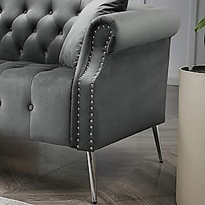 LIADTOP, 78.7" Classic Chesterfield Velvet Sofa Contemporary Upholstered Couch with Button Tufted and Rolled Arms, 2 Pillows Included, 3 Seater,Grey