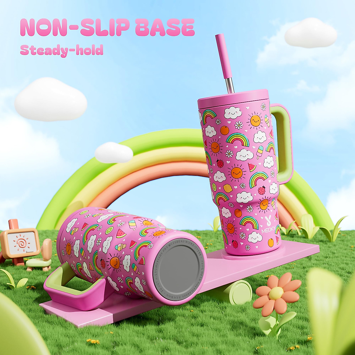 Meoky Kids Tumbler with Handle for Drinks: 24 oz Insulated Toddler Tumbler with Lid and Straw - Keeps Cold for 24 hours - Stainless Steel Travel Mug BPA-Free for School Trip - Girls Students, Cloud