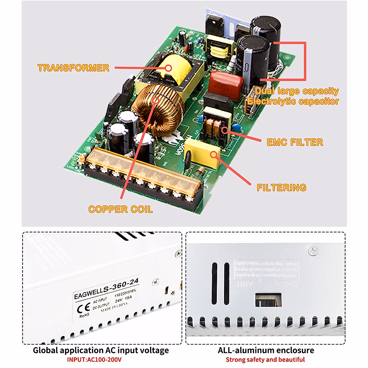 EAGWELL 24V 15A DC Universal Regulated Switching Power Supply 360w for CCTV,Radio,Computer Project, 3D Printer,LED Driver