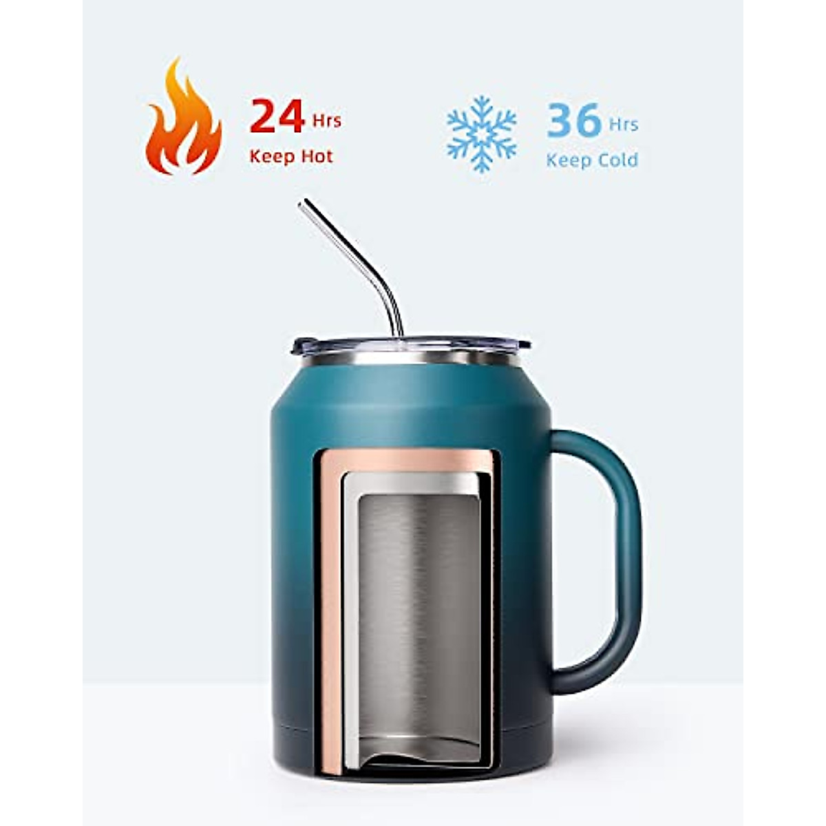 Trebo 50 oz Mug Tumbler with Handle, Stainless Steel Coffee Cup with 2 Lids and 2 Straws,Double Wall Vacuum Insulated Large Bottle,Reusable Flask Keeps Cold for 36 Hrs/Hot for 24 Hrs,Blue Indigo/Black