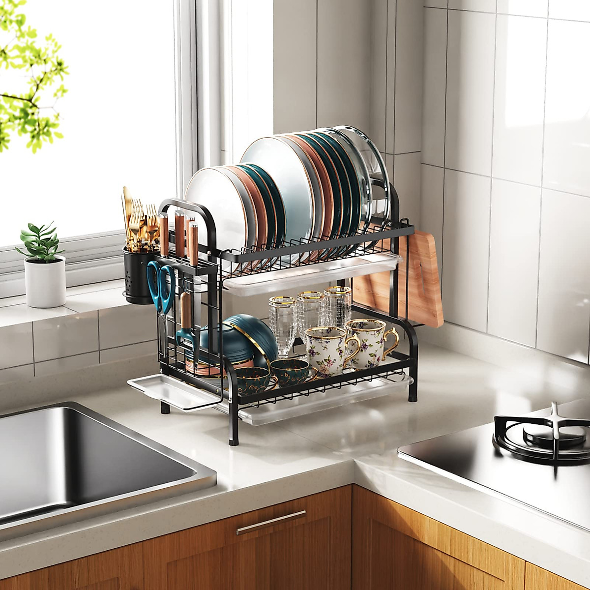 iSPECLE Dish Drying Rack - 2-Tier Dish Rack with Utensil Holder, Cutting Board Holder and Dish Drainer, Metal, for Kitchen Counter, Black