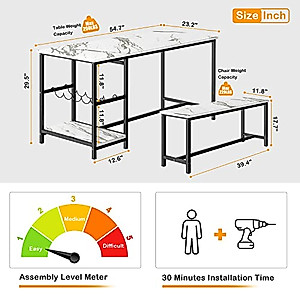 Dining Table Set for 4, 3 Piece Kitchen Table and Chairs Set with 2 Benches, Small Kitchen Table Set with Wine Rack and Glass Holder, Rustic Metal Frame for Breakfast Nook Apartment (White Statuario)