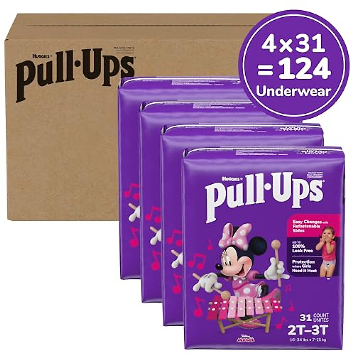 Pull-Ups Girls' Potty Training Pants, Size 2T-3T Training Underwear (16-34 lbs), 124 Count (4 packs of 31)