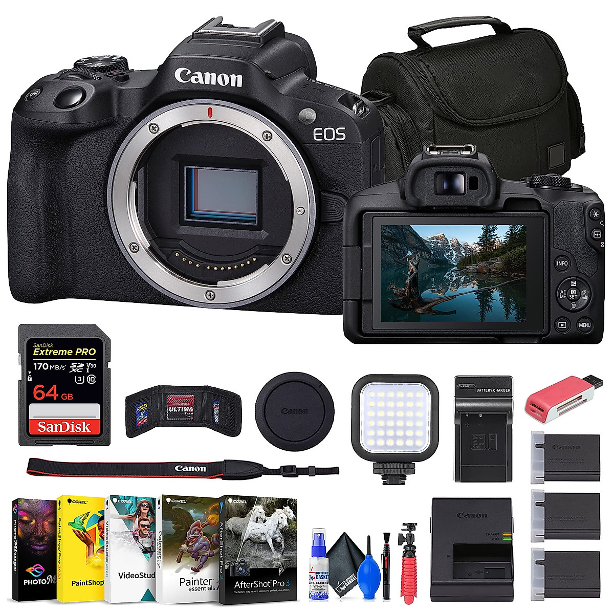 Canon EOS R50 Mirrorless Camera (Black) (5811C002) + Rode VideoMic + 64GB Card + Corel Photo Software + Bag + Charger + 2 x LPE17 Battery + Card Reader + LED Light + Flex Tripod + More (Renewed)