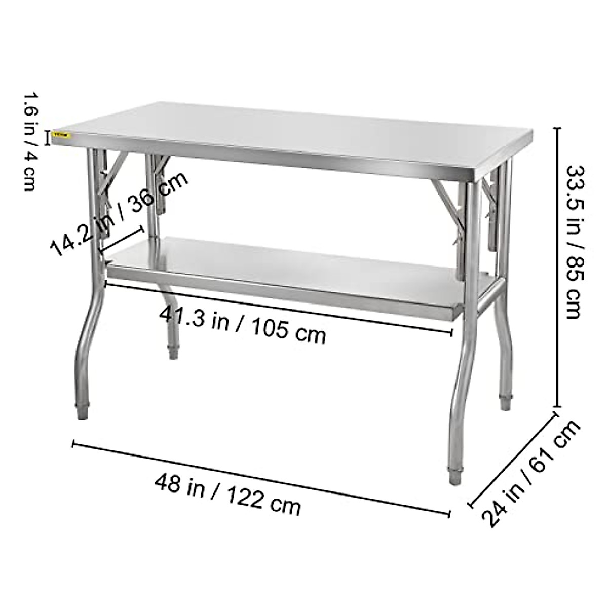 VEVOR Commercial Worktable Workstation 48 x 24 Inch Folding Commercial Prep Table, Heavy-duty Stainless Steel Folding Table with 772 lbs Load, Kitchen Work Table, Silver Stainless Steel Kitchen Island