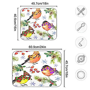 Cute Birds Winter Watercolor Dish Drying Mat 16"x18" Absorbent Machine Washable Hanging Fast Dry Pad Dish Protective Mat for Kitchen Countertop Heat Resistant Dinner Table Mat