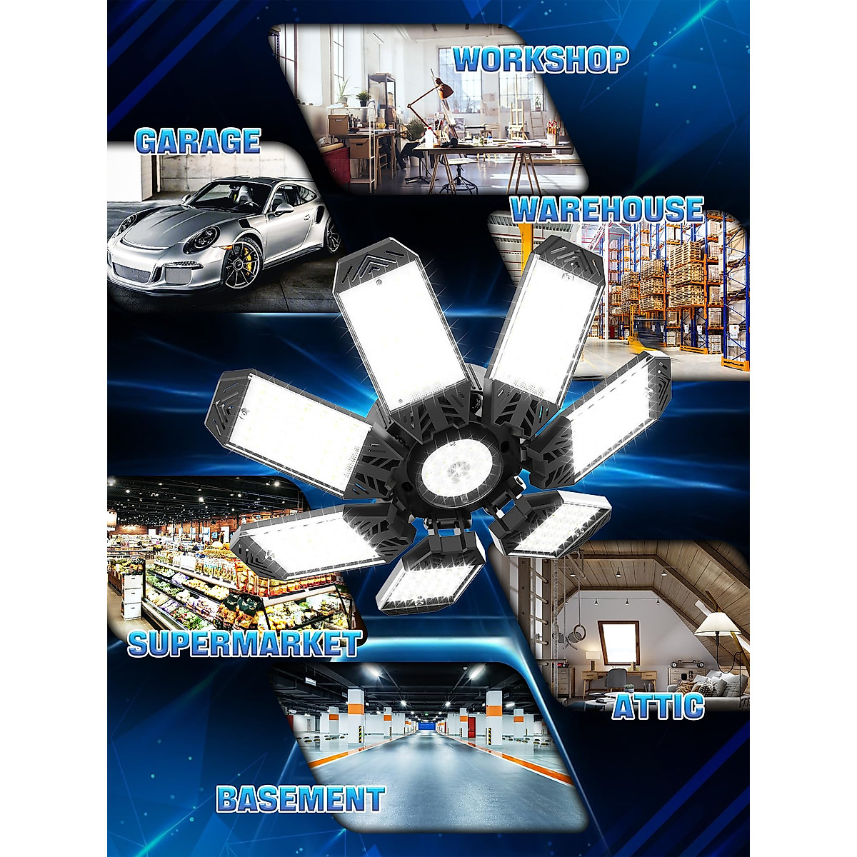 HAPYLUMI LED Garage Light 200W, Super Bright Garage Lights 20000LM Garage Lights Ceiling Led with 7 Adjustable Panels 6500K Led Shop Lights Screw in E26/E27 Bulb Socket for Garage Basement Lighting