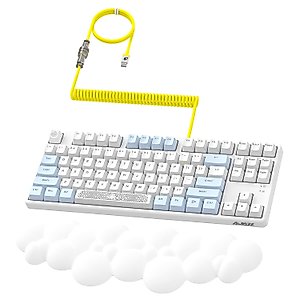 A.JAZZ AK873 Wired 87 Key TKL Mechanical Gaming Keyboard with Rainbow Backlit Hot-swap Tactile Blue Switch NKRO Gasket Ergonomic Cloud Wrist Rest Custom Coiled Aviator Cable for PC/Mac (Blue White)