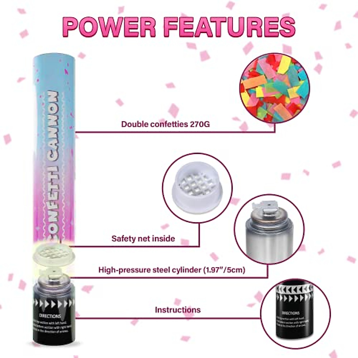 Gender Reveal Pink Confetti Cannon [5 Pack] - Gift 2 Magnetic Photo Frames, Gender Reveal Baby Girl Party Supplies, Biodegradable Confetti Poppers