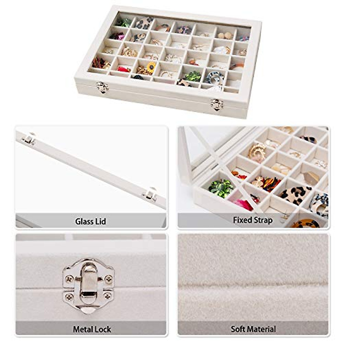 Mebbay 35 Grid Velvet Jewelry Tray Organizer Felt Jewelry Box Tray Holder with Clear Lid for Drawer, Stud Earring Necklace Bracelet Ring Healing Stones Storage (Creamy White), 13.8" x 9.4" x 2"