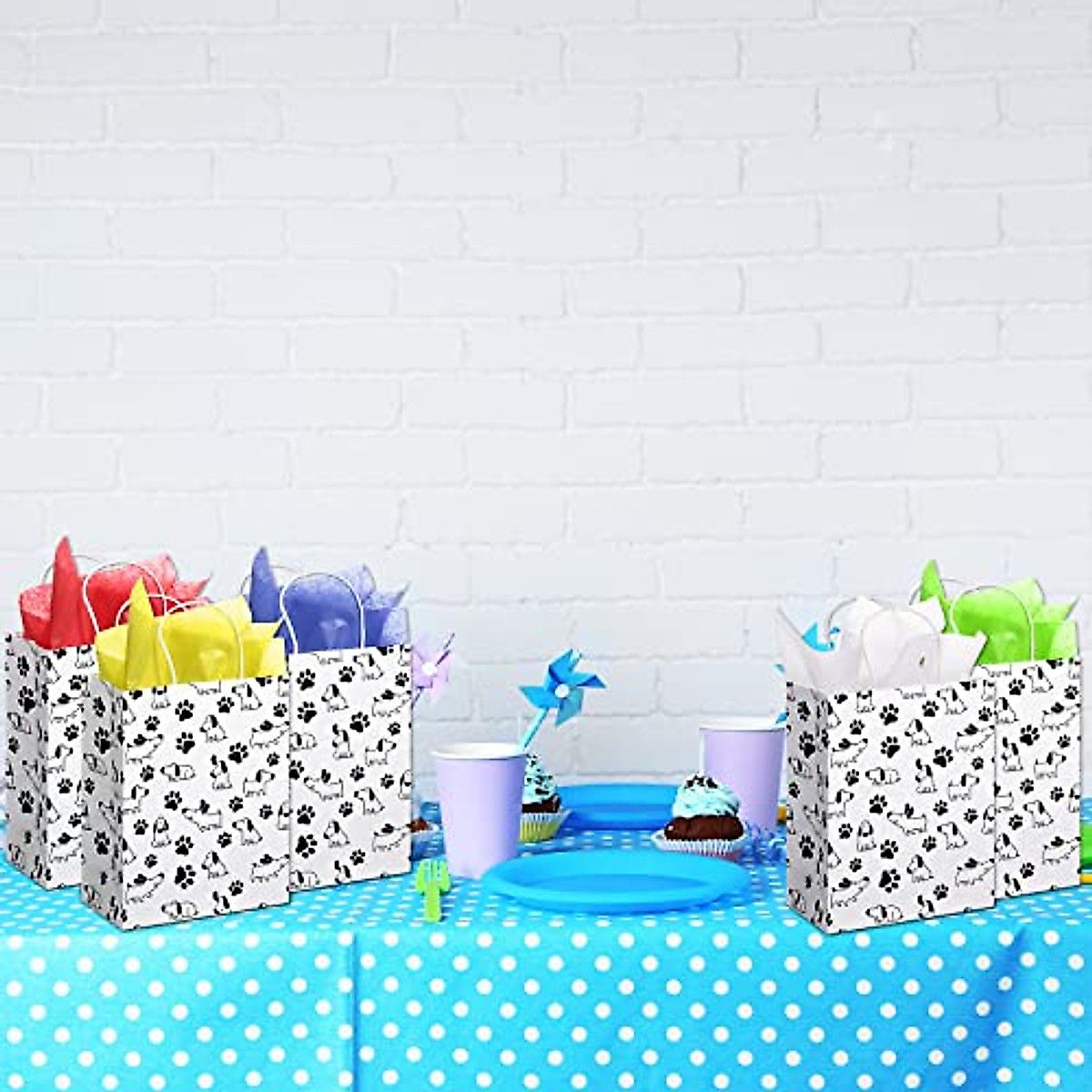 10.6 x 8.3 x 4.3 Inches Puppy Dog Paw Print Treat Bags with Twist Handles and Tissue Paper 19.7 x 13.8 Inches Assorted Wrapping Paper for DIY Crafts Holiday Christmas Birthday Party Favor (25 Pack)