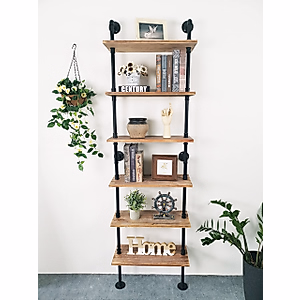 Anynice Industrial Ladder Pipe Shelves, Wall Mounted Rustic Bookshelf, Retro Metal Wood Bookcases (Weathered Brown, 6 Tier - 10" D x 24" W x 82.5" H)