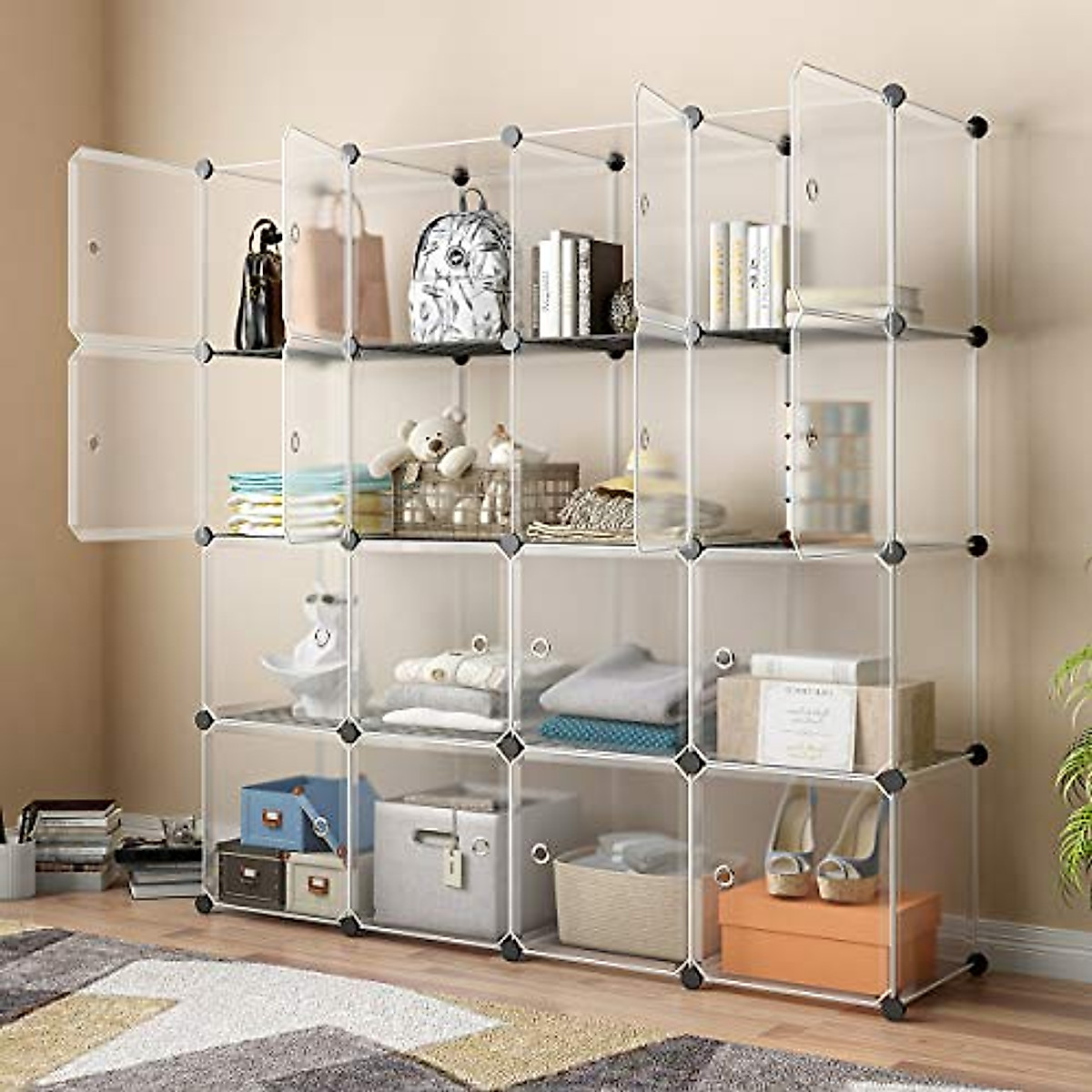 KOUSI Portable Storage Cube Organizer Cube Storage Shelves Cube Shelf Room Organizer Clothes Storage Cubby Shelving Bookshelf Toy Organizer Cabinet (Transparent, 4x4 Cubes)