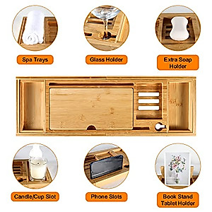 Bamboo Bathtub Caddy Tray, Expandable Bath Tray Table for Tub with Wine Glass Slot Book Phone Tablet Holder, Adjustable Bathroom Bathtub Organizer for Relaxing Bath Gift Idea