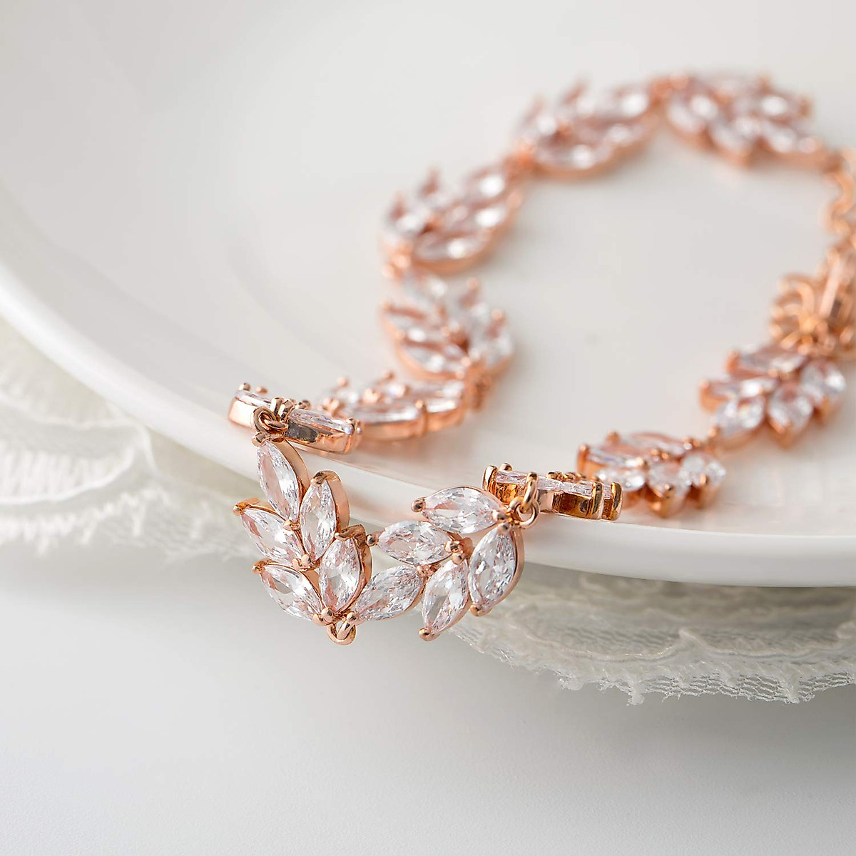 SWEETV Rose Gold Bracelet Wedding Bridal for Brides,Bridesmaid-Crystal Cubic Zirconia Bracelet Leaf Vine Vintage Style