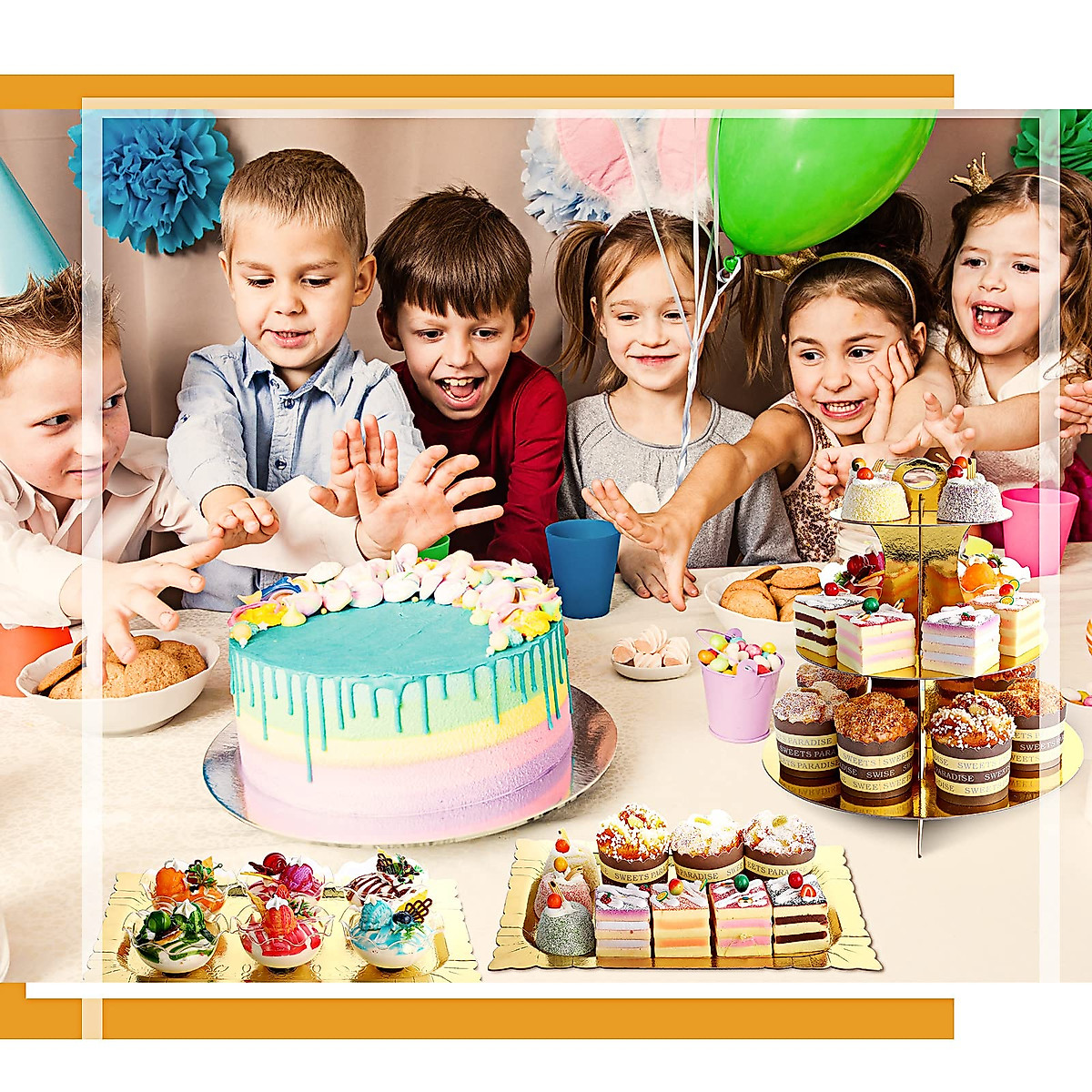 Zopeal 7 Pieces Cake Stand Set 3-Tier Cardboard Cupcake Stand 1-Tier Cake Stand Round Dessert Stand Rectangle Serving Tray Reusable Platters Cupcake Holders for Desserts Birthday Party(Gold)