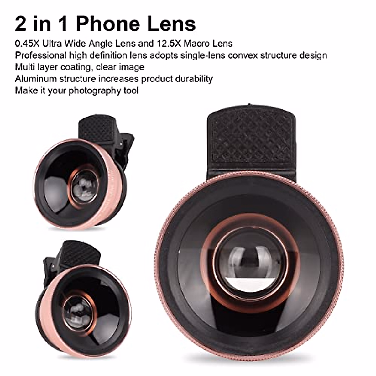 Phone Camera Lens, 2 in 1 Cell Phone Wide Angle Macro Lens, 0.45X Wide Angle Lens, 12.5X Macro Lens, Clip On Phone Lens with Dust Cover, for Phone Tablet (Rose Gold)