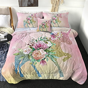 Sleepwish Girl Unicorn Bedding Twin Bed Set for Girls Comforter Set Unicorn Glitter Comforter Set Twin 4 Pieces Pink Unicorn Bedspread for Kids Teens (1 Comforter, 2 Pillow Shams, 1 Cushion Cover)