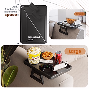 Tinamo Acacia Wood Sofa Armrest Tray - Large Sofa Arm Tray Table Clip - Couch Arm Table for Wide Couches - Wooden Side Tables for Small Spaces for Eating and Drink (Black, Large)