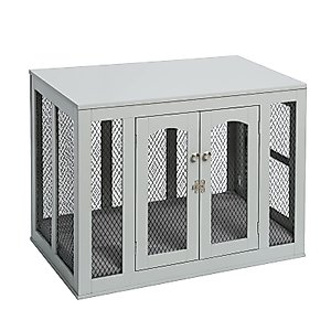 IDEE Furniture Style Dog House Dog Crate with Double Doors, Cushion and Tray, Wooden End Table Indoor Pet Bed for Large Dogs (Large, Gray)