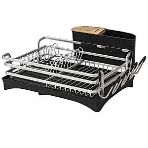BRIAN & DANY Aluminum Dish Drying Rack, Dish Racks for Kitchen Counter, Dish Drainer with Removable Cutlery Holder & Cup Holder, Unique 360° Swivel Spout Drainboard, 16.5" L x 11.8" W, Silver