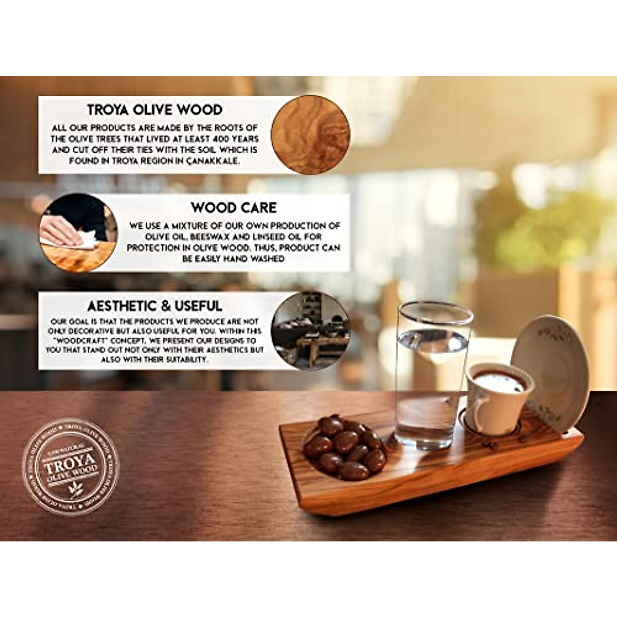 Handmade Wooden Coffee Table Tray, Housewarming Gift for Your Loved Ones, Tea Tray & Coffee Serving Tray, Coffee Decor for Coffee Gifts, Ottoman Tray for Turkish Coffee Set, Solid Troya Olive Wood