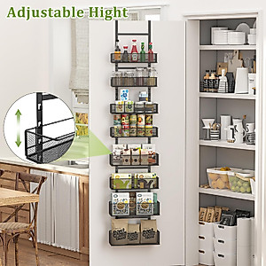 Over The Door Pantry Organizer 8-Tier Adjustable Tiers Hanging & Wall Mount Spice Rack,Metal Sheet Behind The Door Detachable Storage Shelf,8 Adjustable Baskets with 4 Sizes & Small Mesh for Kitchen