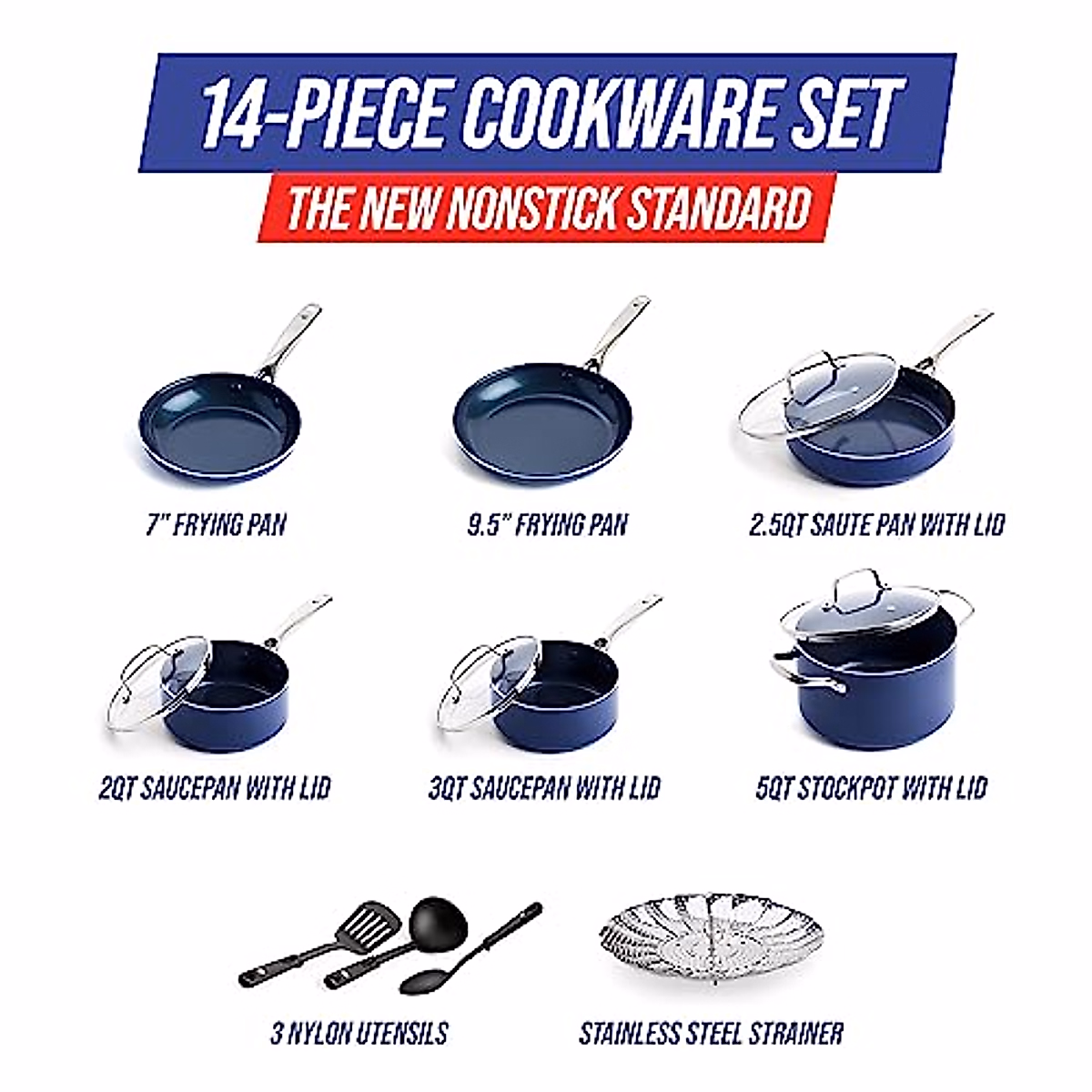 Blue Diamond Cookware Diamond Infused Ceramic Nonstick, 14 Piece Cookware Pots and Pans Set, PFAS-Free, Dishwasher Safe, Oven Safe