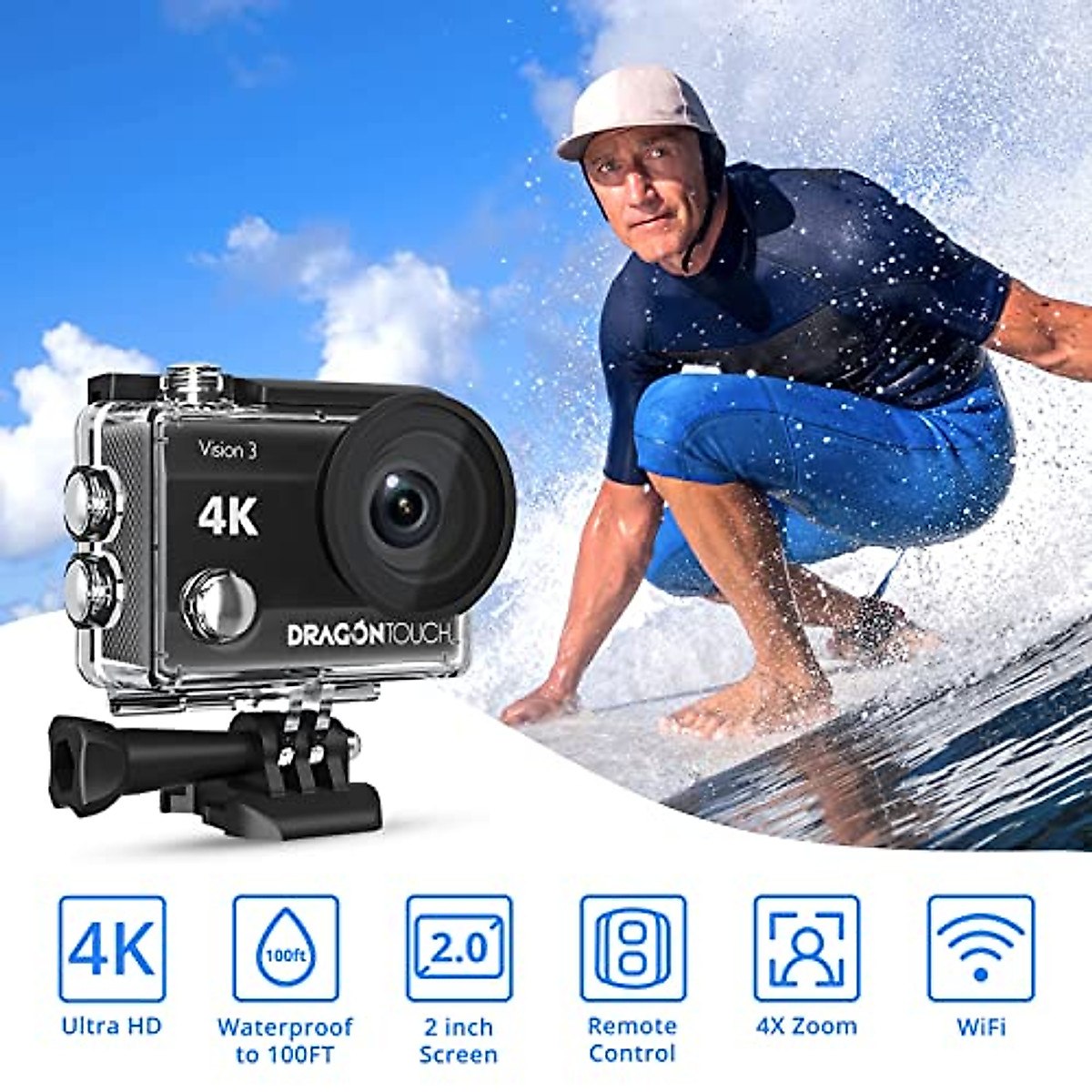 Dragon Touch 4K Action Camera 20MP Vision 3 Underwater Waterproof Camera 170° Wide Angle WiFi Sports Cam with Remote 2 Batteries and Mounting Accessories Kit