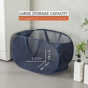 HONOMA Sturdy Mesh Laundry Hamper Basket Bag,Pop up Basket with Side Pocket for Laundry Room, Bathroom, Kids Room, College Dorm or Travel (Pop Horizontal, Navy Blue)