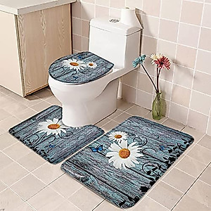 Apular Fashion 3 Piece Bath Rugs Set Rustic Floral Yellow Daisy Butterfly on Rustic Blue Wooden Non Slip Ultra Soft Bathroom Accessories Mats, U Shape Mat and Toilet Lid Cover Mat Bath Mats