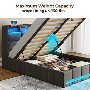 Rolanstar Bed Frame Twin Size with Lift Up Storage, Charging Station & LED Lights, Upholstered Storage Headboard, Heavy Duty Wooden Slats, No Box Spring Needed, Noise Free, Easy Assembly, Dark Grey