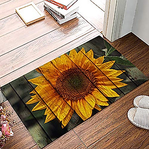 Outdoor Rug 18x30Inch Area Rug for Bedroom Decor, Absorbent Door Mat Low Profile Kitchen Rugs Carpet, Sunflower Plant on The Wooden Bathroom Rugs for Home Decor Living Room Decor