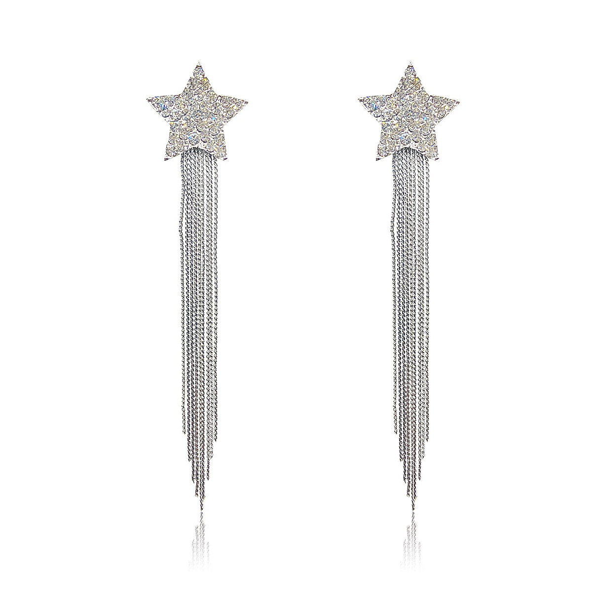 T-ztoss Zirconia Crystal Statement Tassel Dangle Earrings Silver Tone Rhinestone Dangling Chain Tassel Dangle Earring for Women(Star tassel earrings)