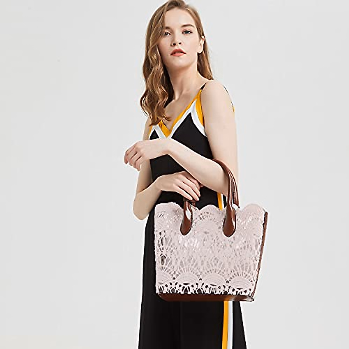 Women Lace Tote Vintage Solid Clear Bag Handbag with Off-White Cotton Lace Fabric