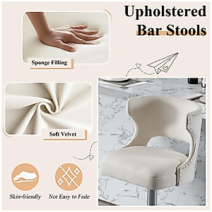 ABET Adjustable Bar Stools Set of 2, Velvet Swivel Counter Barstools with Hollow Back Footrest Soft Upholstered Bar Chairs for Kitchen Island Dining Room Home Bar Bistro, Beige, Chrome Base