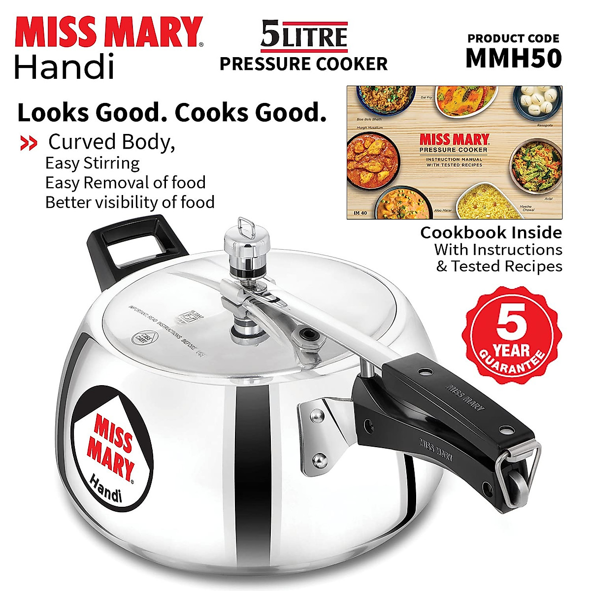 Hawkins 5 Litre Miss Mary Handi Pressure Cooker, Inner Lid Cooker, Silver (MMH50)