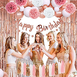 Rose Gold Pink Birthday Party Decorations, Happy Birthday Banner, Rose Gold Party Decorations for Women, 2PCS Fringe Curtains, Paper Tassels Garland, Circle Dots Garland for Women Girls Birthday Decorations