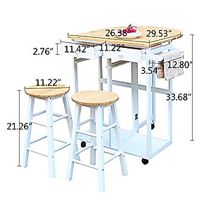 LOVINE Small Dining Tables for Small Spaces,with 2 Square Stools and 2 Drawers Solid Wood Kitchen Table and Chair Set