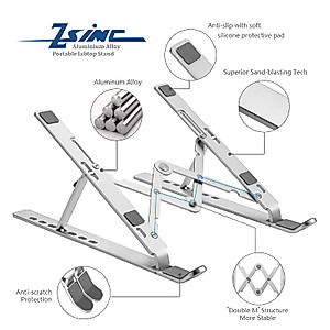 ZSIMC Laptop Stand, Laptop Riser Computer Stand for Desk, Adjustable Aluminum Foldable Portable Desktop Holder, Compatible with MacBook Air pro, iPad, Lenovo, 10-15.6” Laptop and Tablets (Silver)