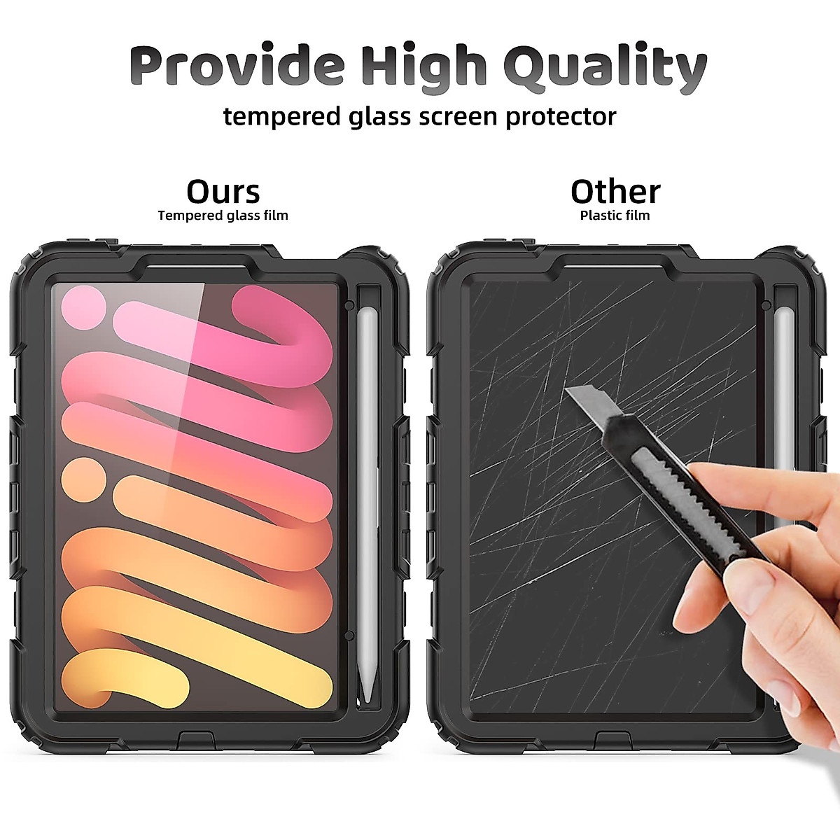 Blosomeet iPad Mini 6 Case 8.3" 2021 with Tempered Glass Screen Protector Pencil Holder [360 Rotating Hand Strap] &Stand, Heavy Duty Case for iPad Mini 6th Generation | Black