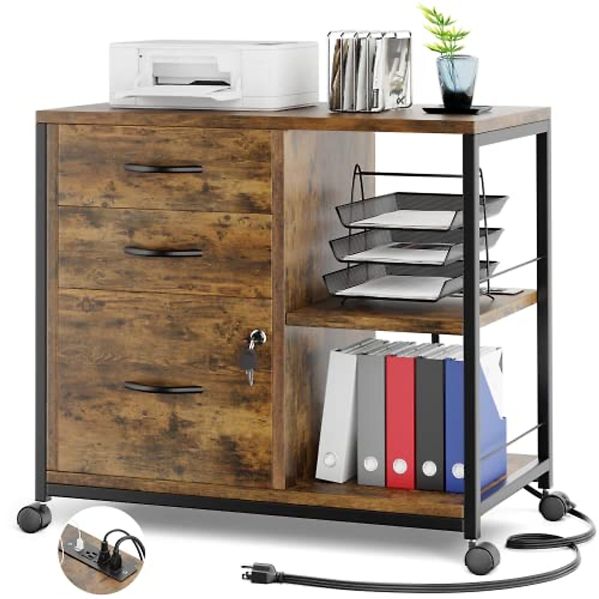 Himusi 3 Drawer Wood File Cabinet with Socket and USB Charging Ports for Home Office, Rolling Lateral Filing Cabinet with Locking Drawer for A4/Letter Size, Printer Stand with Storage, Rustic