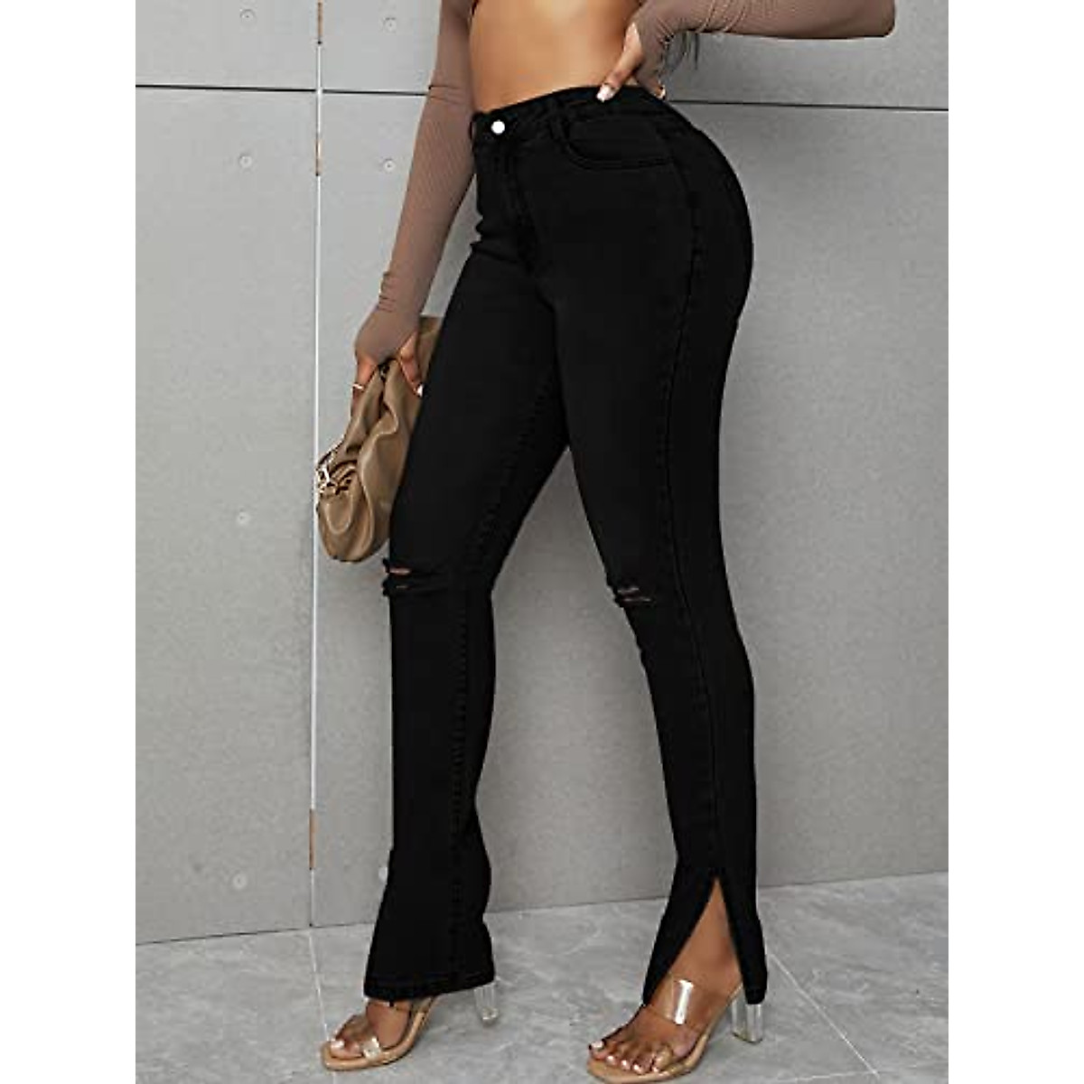 WDIRARA Women's Slit Hem High Waist Button Denim Zipper Fly Ripped Skinny Jeans Black L