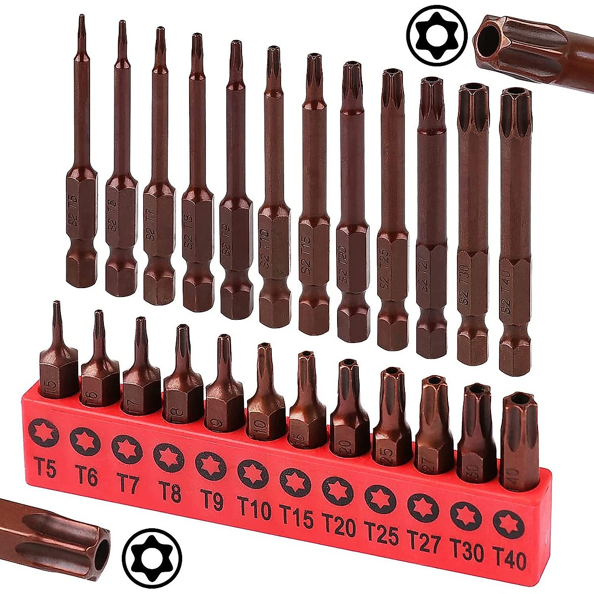 Tamper Proof Torx Screwdriver Bit Set - 24-Piece Star Bits Set, Torx Security Bit Set, 1-inch and 2.3-inch Long T5-T40 Temper Resistant Torx Bit Set