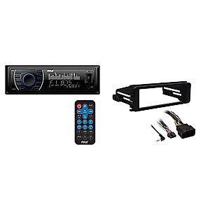 Pyle Bluetooth Marine Receiver Stereo - 12v Single DIN Style Boat in Dash Radio Receiver System & Metra 99-9600 Stereo Installation Kit for Select 1998-2013 Harley Davidson Motorcycles (Black)