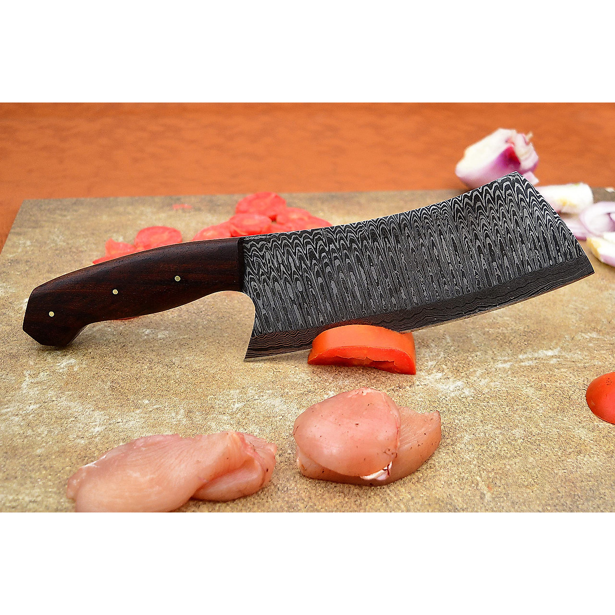 Cleaver Knife, Butcher Knife, Meat Knife, Cleaver Chef Knife, Meat Cleaver Knife, 7 Inch Damascus meat Cleaver Knife Butcher Knife For Meat Cutting With Pakkawood Handle & Leather Sheath