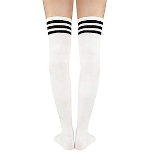 Century Star Women's Casual Athlete Striped Over Knee Thin Thigh High Tights Long Stocking Socks C 1 Pair White Black One Size